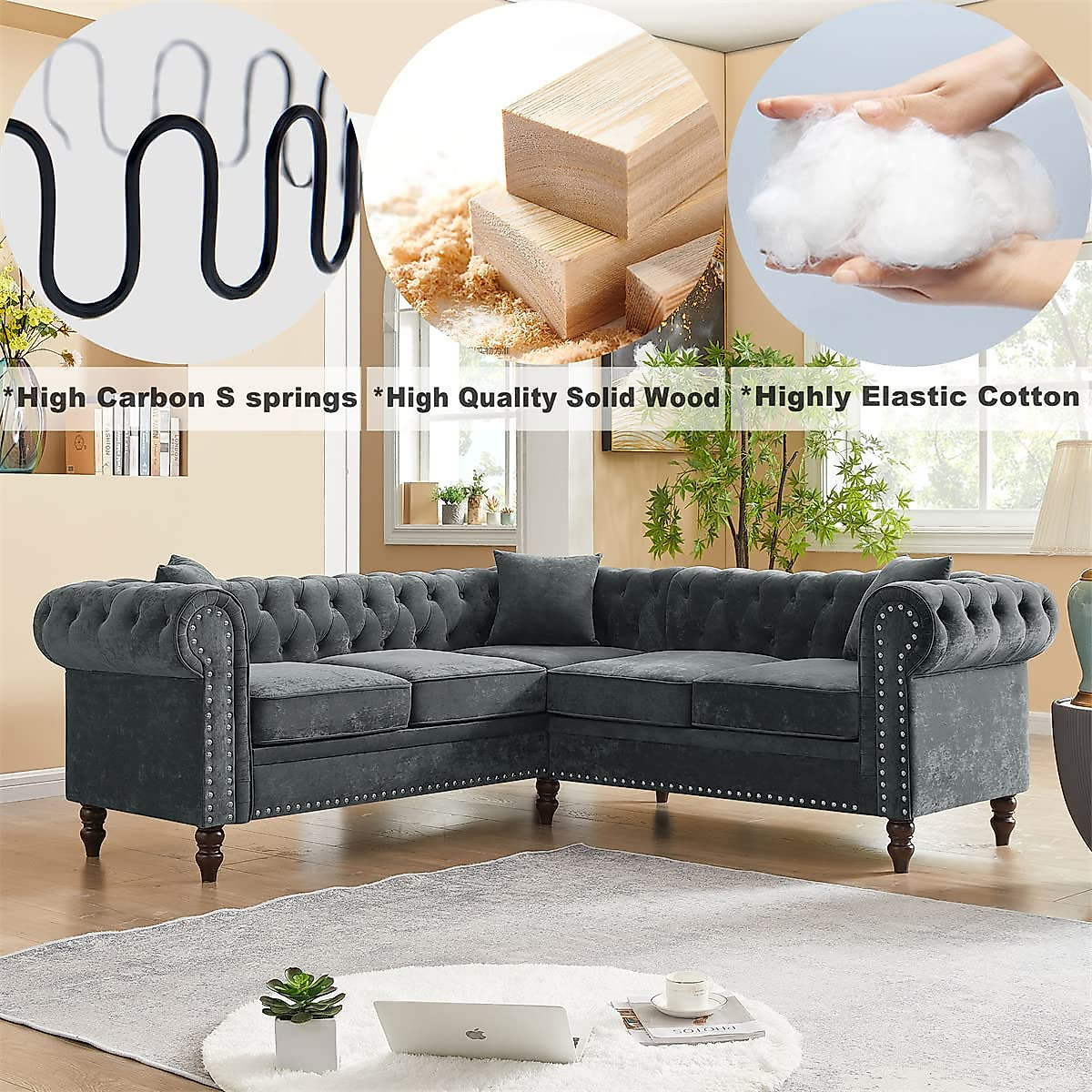 LKTART 80" Luxury Classic Chesterfield L-Shaped Sofa Button Tufted Roll Arm Solid Wood Legs 3 Pillows Included for Living Room