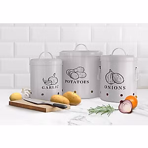 KooK Potato, Onion & Garlic Kitchen Storage Canisters, Rustic Farmhouse Containers with Aerating Holes, Vintage Vegetable Tins, Set of 3, 5 Liter, 2 Liter & 1 Liter (Slate Grey)