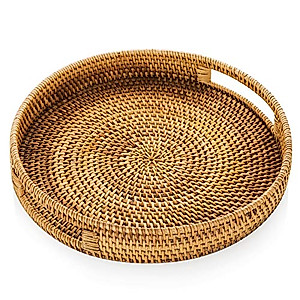 Sziqiqi Rattan Serving Tray Round Woven Decorative Tray for Coffee Table with Handles Display Storage Basket Trays for Fruit Food Drinks Snack Wicker Boho Ottoman Platter