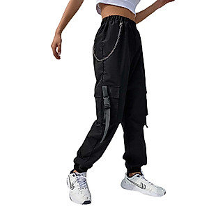 DIDK Women's High Waisted Flap Pocket Solid Jogger Cargo Pants with Chain Black M
