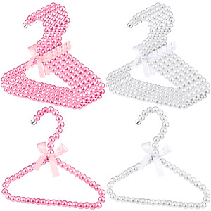 Wesiti 10 Pcs Small Pearl Hanger Mini Pearl Clothes Hangers Small Pearl Clothes Beads Hangers Metal Elegant Hangers with Ribbon for Women Dog Cat (Pink,White)