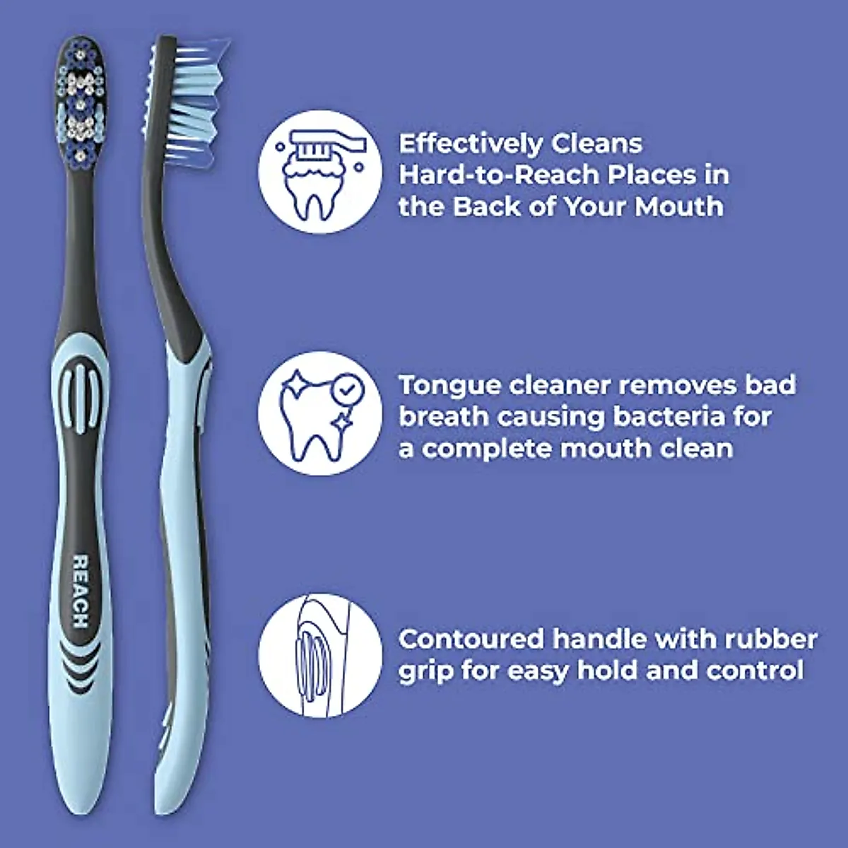 REACH Essentials Toothbrush with Toothbrush Caps, Multi-Zoned Angled Soft Bristles, Contoured Handle, Tongue Scraper, 6 Count (Pack of 1)