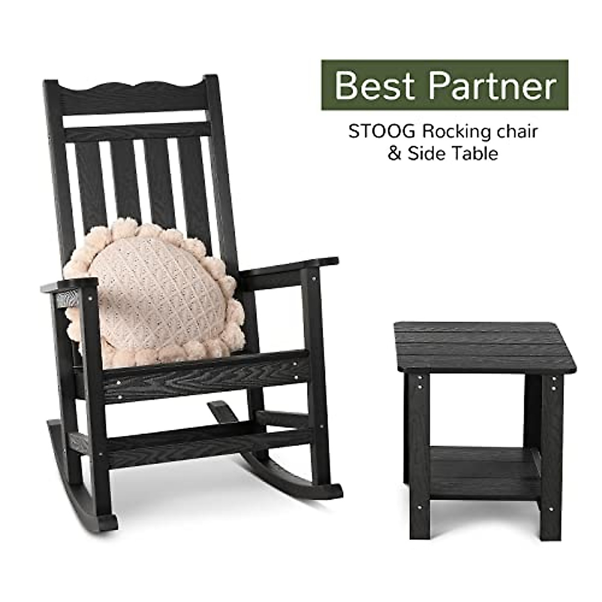 Stoog All-Weather Outdoor Rocking Chairs, Porch Rocker with 400 lbs Weight Capacity, Rocking Chars for Porch, Backyard, Fire Pit, Lawn, Garden and Indoor, Black