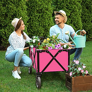 HAUSHOF Heavy Duty Collapsible Wagon, Folding Outdoor Utility Wagon, Camping Garden Beach Cart with Universal Quick Release Wheels, Adjustable Handle, 176 lbs Load Capacity, Pink