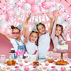 153 Pcs Easter Bunny Birthday Party Decorations Kit with Bunny Birthday Banner, Swirl, Latex Balloons, Cupcake Toppers, Paper Plate Cups Disposable Spoon for Rabbit Themed Girl Birthday Party Supplies