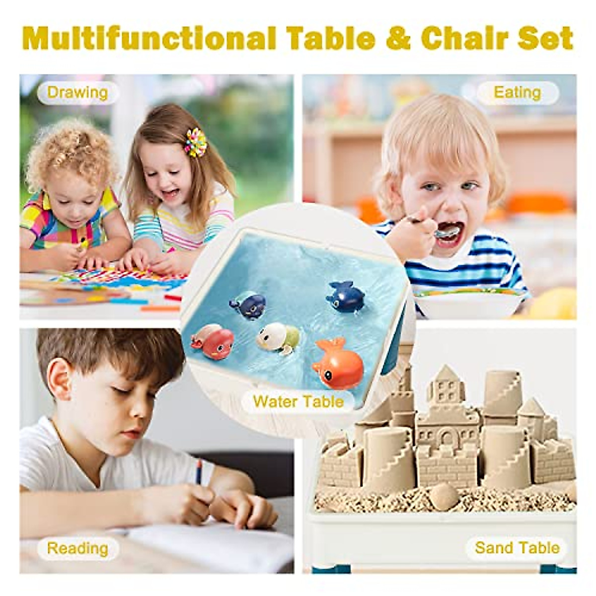Kinfant 5-in-1 Kids Table & Chairs Set - Toddler Activity Center with Building Blocks for Boys & Girls, Sand & Water Table Set for Home, Playroom, Nursery