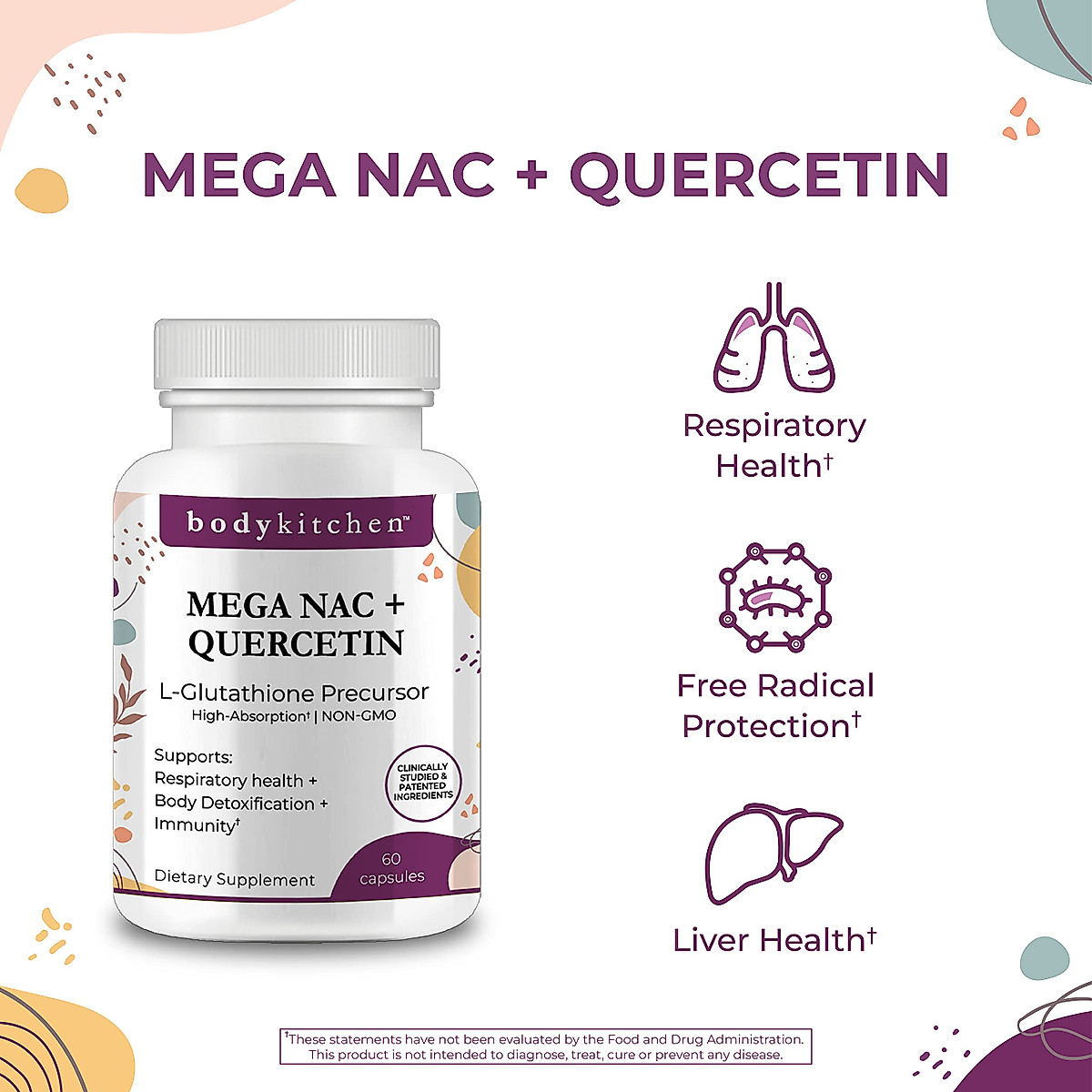 Body Kitchen Mega NAC (N-Acetyl Cysteine) 600 mg with Quercetin, Supports Respiratory Health and Immune Function and Promotes Liver and Kidney Detox, Veggie Caps, (Pack of 1)