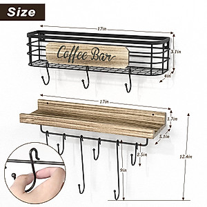 Coffee Cup Holder Coffee Bar Shelf with 12 Mug Hooks, Mug Organizer Floating Mug Racks for Wall, Coffee Cup Display Hanger Pods Holder, Farmhouse Coffee Bar Decor Kitchen Accessories