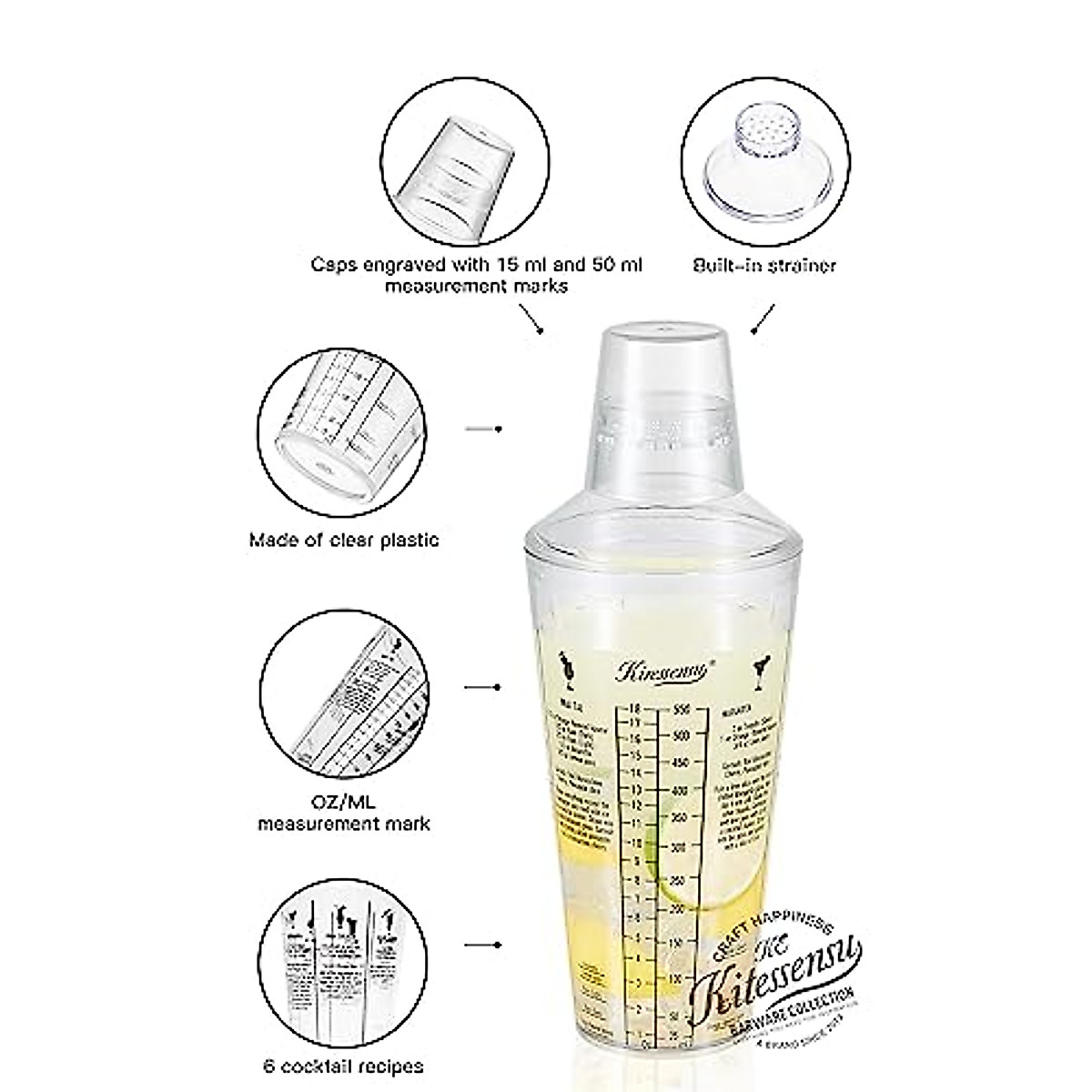 KITESSENSU Cocktail Recipe Shaker - Martini Recipes Measured Plastic Cobbler Shaker with Cap and Built In Strainer - Best Gift for Beginner