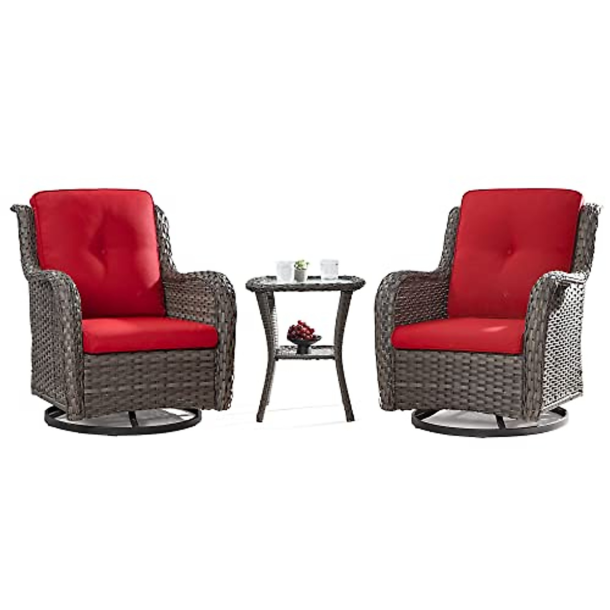 Joyside Outdoor 360 Degree Swivel Rocker Patio Chairs Sets of 2 and Matching Side Table - 3 Piece Wicker Patio Bistro Set Patio Swivel Rocker Chairs with Olefin Fabric Cushion(Brown/Red)