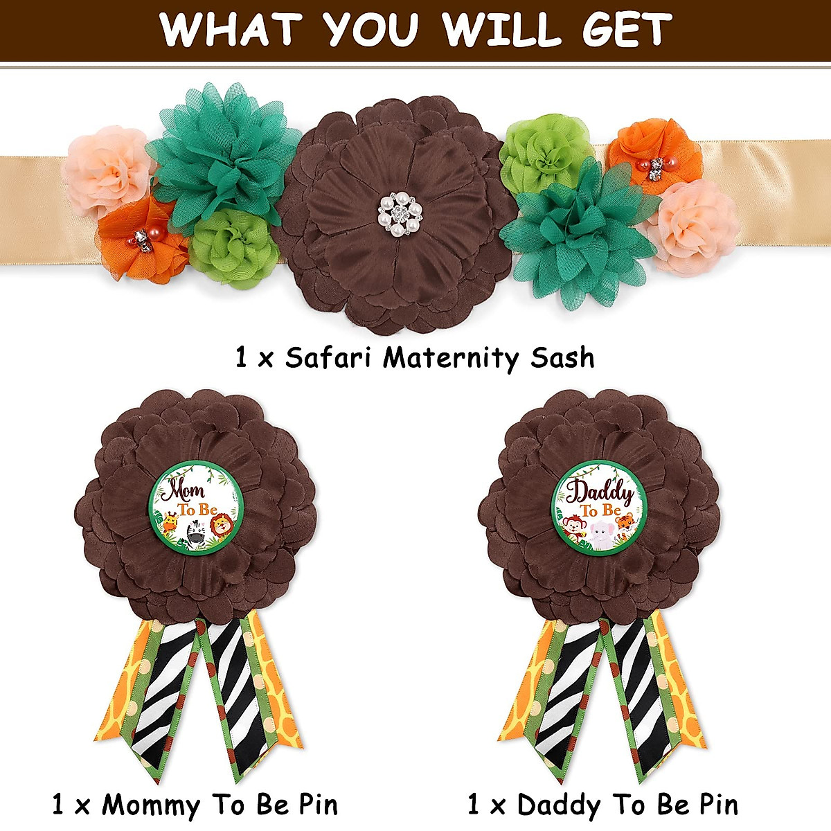 Safari Jungle Animals Maternity Sash Mom to Be Daddy to Be Corsage Set Jungle Safari Sash and Pins for Baby Shower Gender Reveal Keepsake Photo Props Pregnancy Flower Sash