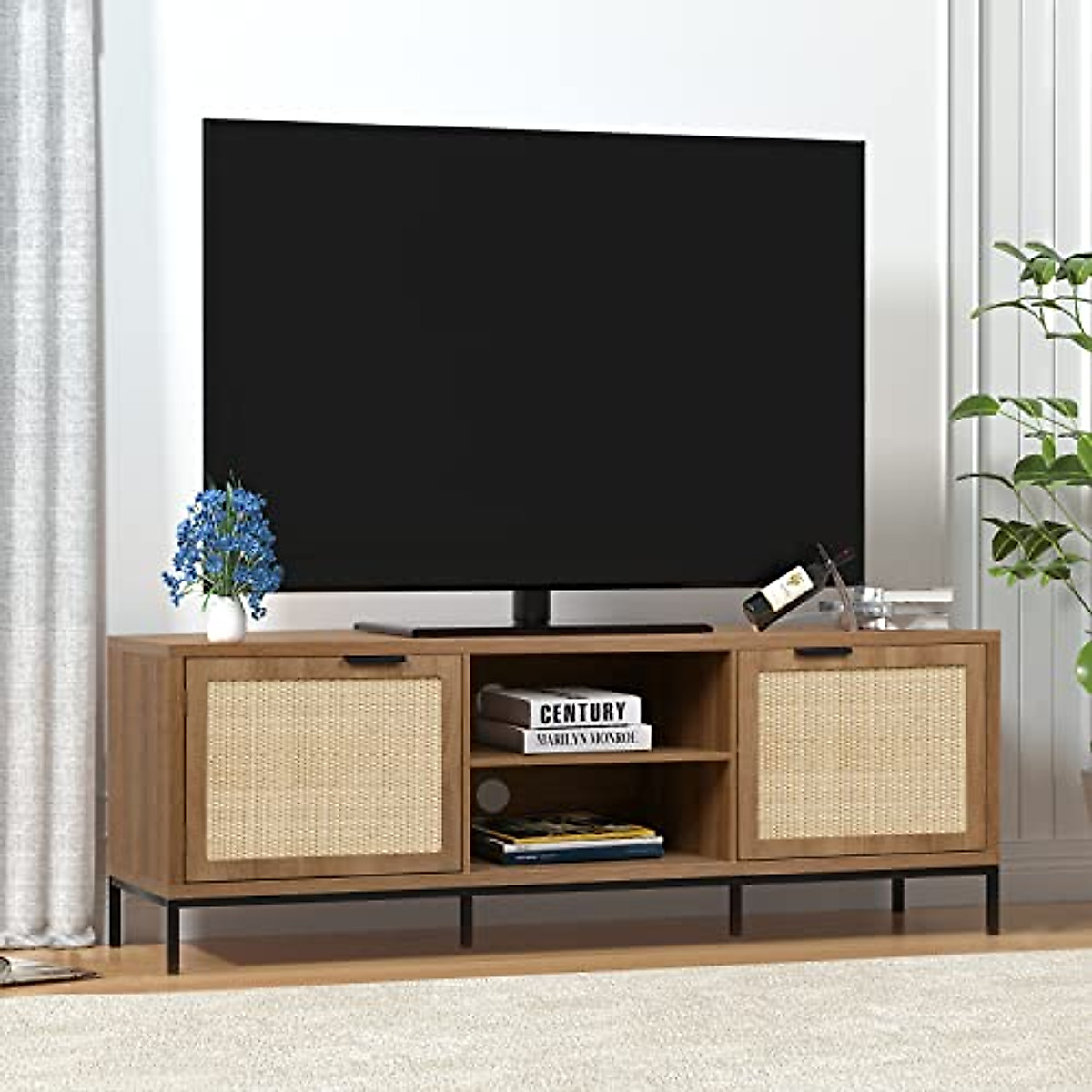 Anmytek Farmhouse Rattan TV Stand for 65 Inch TV Rustic TV Console Table with 2 Rattan Doors Modern Entertainment Center for Living Room Bedroom H0033