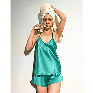 Ekouaer Womens Silk Cami Satin Pajamas Camisole Loungewear Soft Lingerie Set Blue-green Medium