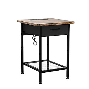 GYIIYUO Nightstands Set of 2 with Charging Station and Fabric Storage Drawer,16.5" x 15.8" Side Table with Storage for Bedroom, Bedside Tables with Steel Fram, Rustic Brown and Black