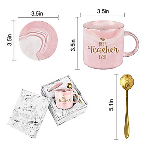 Maustic Teacher Coffee Mug for Women Best Teacher Ever Coffee Mug Teacher Appreciation for Teachers Women Teacher Pink 12 Ounce with Box Packing Spoon and Coaster