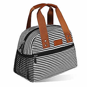 Lunch Bag for Women Insulated Lunch Box with Pockets Durable and Small Lunch Tote Bag for Work, School and Picnic (White Stripe)