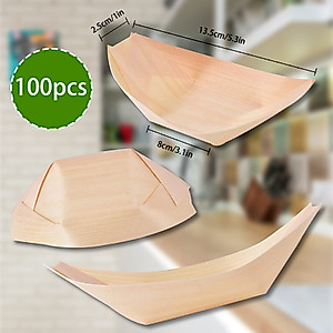 JEPELUS 100Pcs 5" Wood Boat Plates Dishes, Mini Wood Serving Boats Best for Food Display, Health Friendly Wooden Sushi Serving Tray Boat, Wood Boat Food Container for Restaurants Take Out or Home