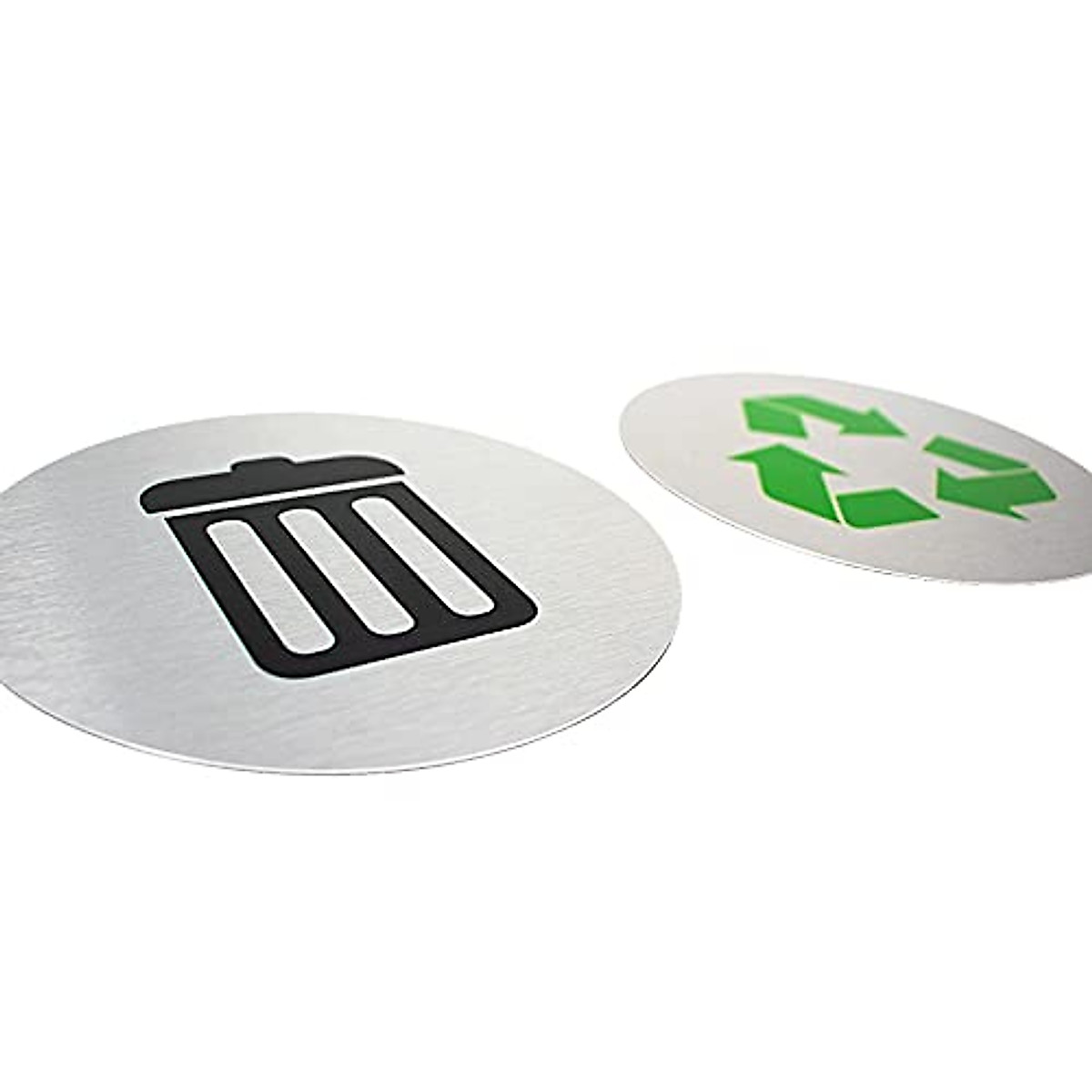 5.5" Round, Metal Trash & Recycling Signs | Set of 2 Garbage & Recycling Bin Markers | Brushed Silver Aluminum Signs with 1 Black Trash Sign & 1 Green Recycle Sign | Signs for Sustainability