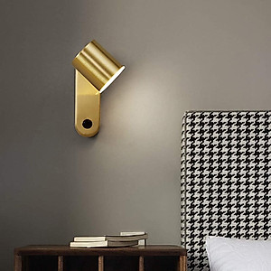 Cordless Wall Sconce Nordic Mini Wall Lamp Brushed Gold Finish Brass Bracket with Pressure Sensor Switch LED Wall Light 7W Dimmable Decorative Fixture Adjustable Head Sconce for Bedroom Bedside Lighti