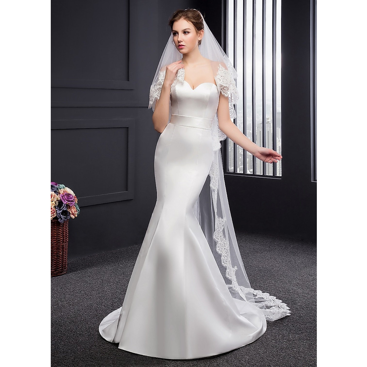 EllieHouse Chapel Length 2 Tier Sequin Lace Wedding Bridal Veil For Bride Ivory