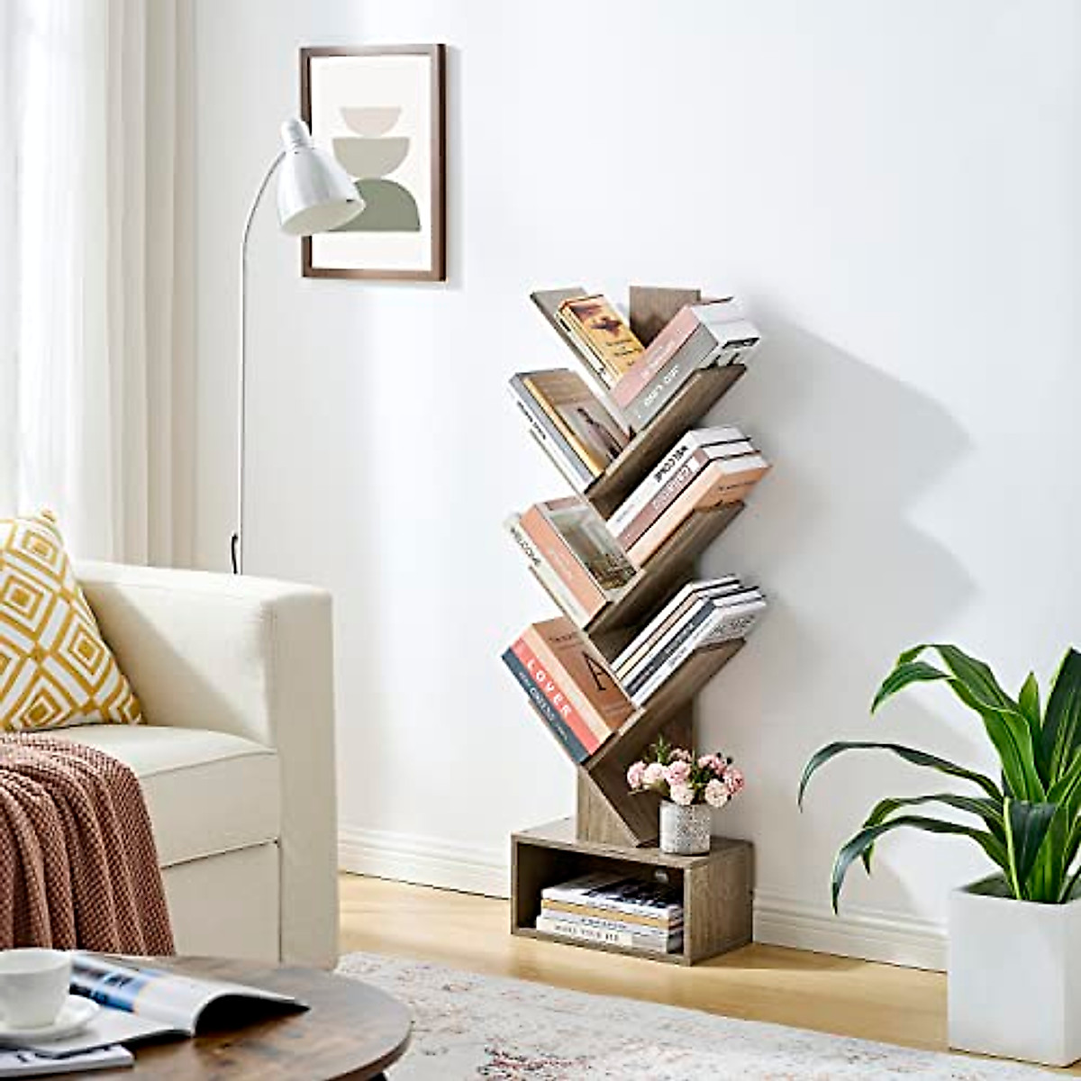 Hoctieon 6 Tier Tree Bookshelf, 6 Shelf Bookcase with Drawer, Modern Book Storage, Free Standing Tree Bookcase, Display Floor Standing Storage Shelf for Books, Utility Organizer Shelves