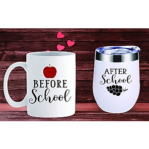 momocici Before School After School 11 oz Coffee Mug & 12 oz Wine Tumbler Set Gifts for Teachers.Teacher Gifts,New Teacher,Teacher Appreciation,Birthday,Thank You Gifts for Teachers(White)