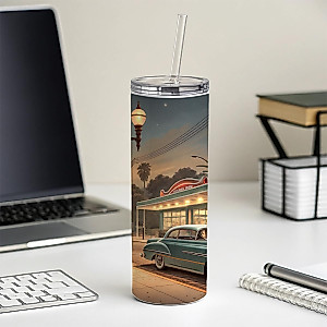 Retro Americana1950's Main Street Diner Skinny Tumbler 20oz with Straw Insulated Water Bottle Gift
