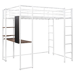 Full Size Metal Loft Bed with Shelves and one Desk, Multifunctional Loft Bed Frame for Teens/Adults (White, Full)