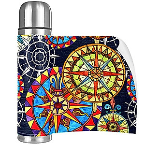 Aesthetic Colorful Compasses Watercolor Stainless Steel Water Bottle, Leak-Proof Travel Thermos Mug, Double Walled Vacuum Insulated Flask 17 OZ