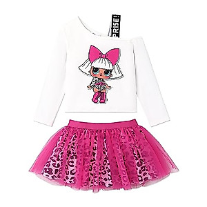 L.O.L. Surprise! Toddler Girl 2pcs Character Print Long-sleeve One-Shoulder Top and Leopard Pattern Pink Mesh Skirt Set Rose-3 5-6 Years