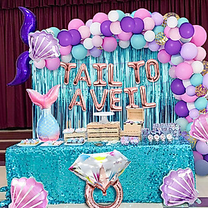 LaVenty 126 PCS Tail To Veil Bachelorette Decoration Mermaid Bachelorette Decoration Tail To Veil Balloons Bride To Be Sash for Mermaid Engagement Bridal Shower Party Blue Tinsel Curtain