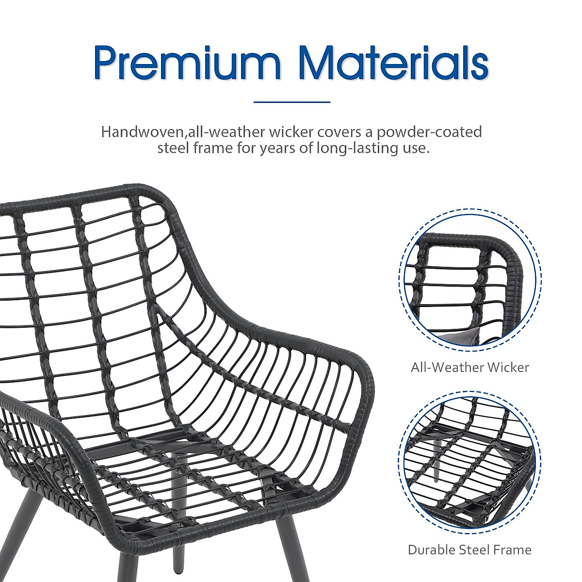 wOod-it 3 Piece Patio Set, Outdoor Wicker Conversation Chair Sets, All-Weather Rattan Bistro Furniture Set with Glass Top Table, Cushions & Lumbar Pillows for Porch Balcony Deck Backyard Poolside