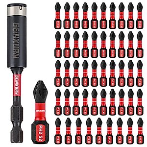 Geinxurn 51Pack PH2 1 Inches Impact Tough Anti-Slip Screwdriver Bits, #2 Phillips 1/4 Inch Hex Shank Magnetic Tips Cross Screwdriver Bits Set with 1Pcs Impact Bit Holder,Bulk