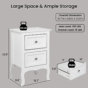 Karl home White Nightstand Set of 2. Farmhouse End Side Table Set of 2 Bedside Nightstands Chest with Drawers Small Night Stand with 2 Drawer and Solid Wood Legs for Bedroom, Living Room