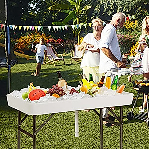 KOTEK Folding Ice Cooler Table with Matching Skirt & Drain Hose, Foldable Beverage Cooler Table Buffet Cooler Server, Portable Chill Table for Party, Picnic, BBQ, Camping