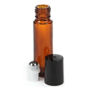 Vivaplex, 6, Amber, 10 ml Glass Roll-on Bottles with Stainless Steel Roller Balls - .5 ml Dropper included