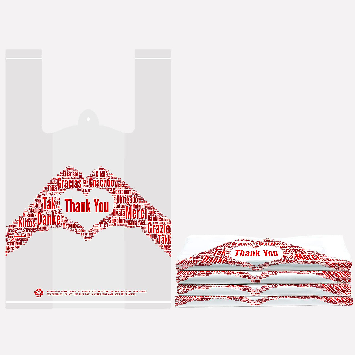 Thank You T-Shirt Bags Shopping Merchandise Bags Pack of 100 Reusable and Disposable Grocery Bags 12" x 6.5" x 20" 30 mic Standard Supermarket Size White Bag Take Out / To Go Bags for Restaurant