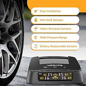 VESAFE Wireless tire Pressure Monitoring System, TPMS, with Solar Charger, Different high/Low Pressure Limits for Two axles, auto Sleep Mode, only Work with Cars, not Work with Camping Vehicles