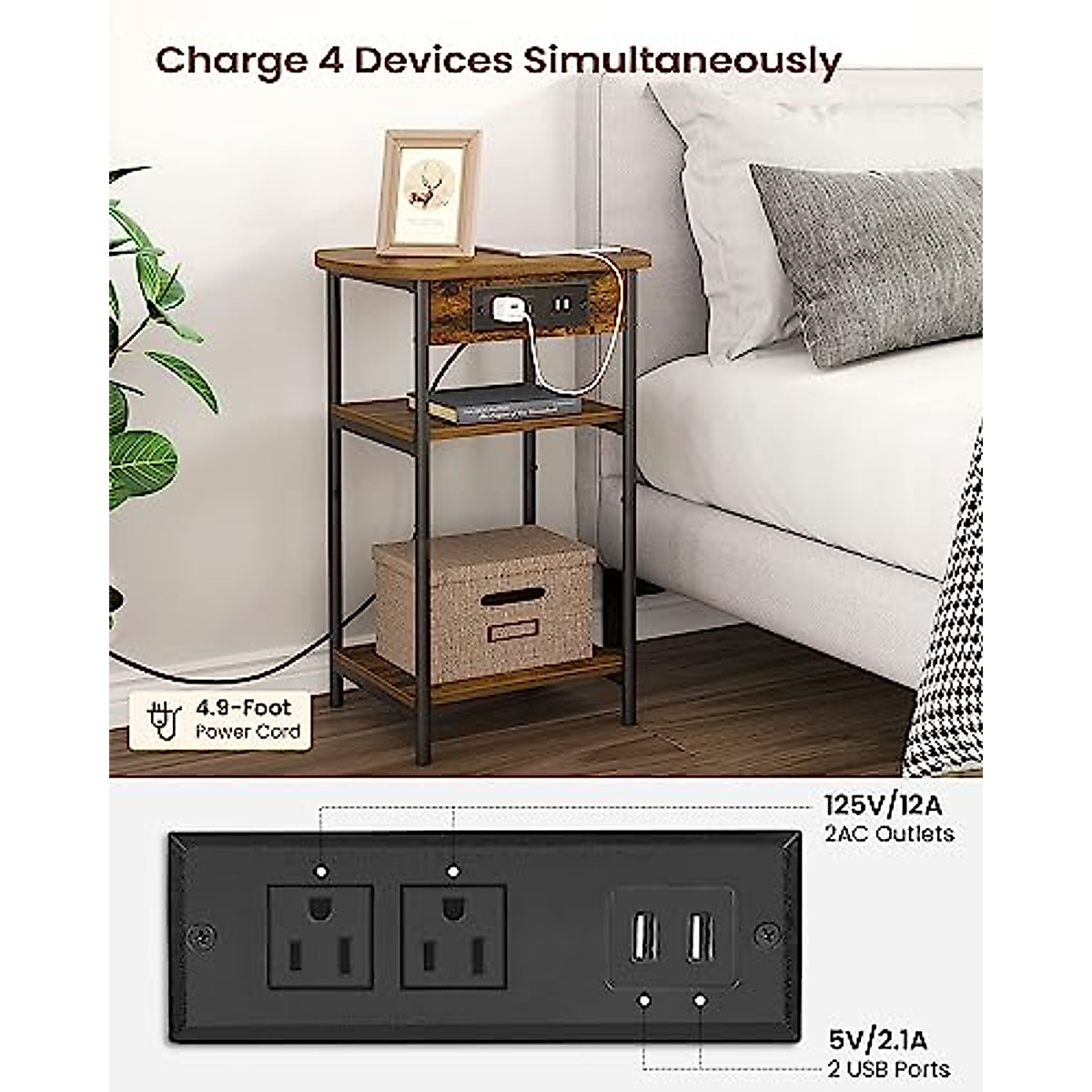 Hzuaneri End Table with Charging Station, 3 Tier Storage Bed Side Table with USB Port & Outlet, Couch Table, Nightstand for Living Room, Bedroom, Narrow Side Table, Rustic Brown and Black ET05201B