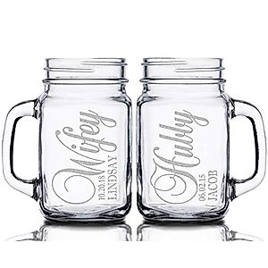 Hubby and Wifey Set of 2 Personalized Mason Jars Drinking Mugs Personalized Custom Etched for Wedding, Engagement Anniversary Bridal Party Gift of Favor for Newlyweds Couple Laser Engraved