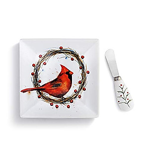 DEMDACO Dean Crouser Cardinal Wreath Rosy Red 6 x 6 Stoneware Holiday Plate With Spreader Set