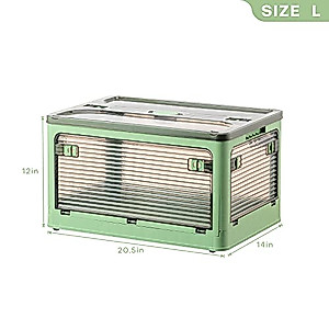 ANMINY Lidded Plastic Storage Bin 5-Door Collapsible Stackable Portable Crate Clear Storage Box Container Basket with Wheels Handles Lid for Outdoor Grocery Travel Car Truck Use - Green, Large