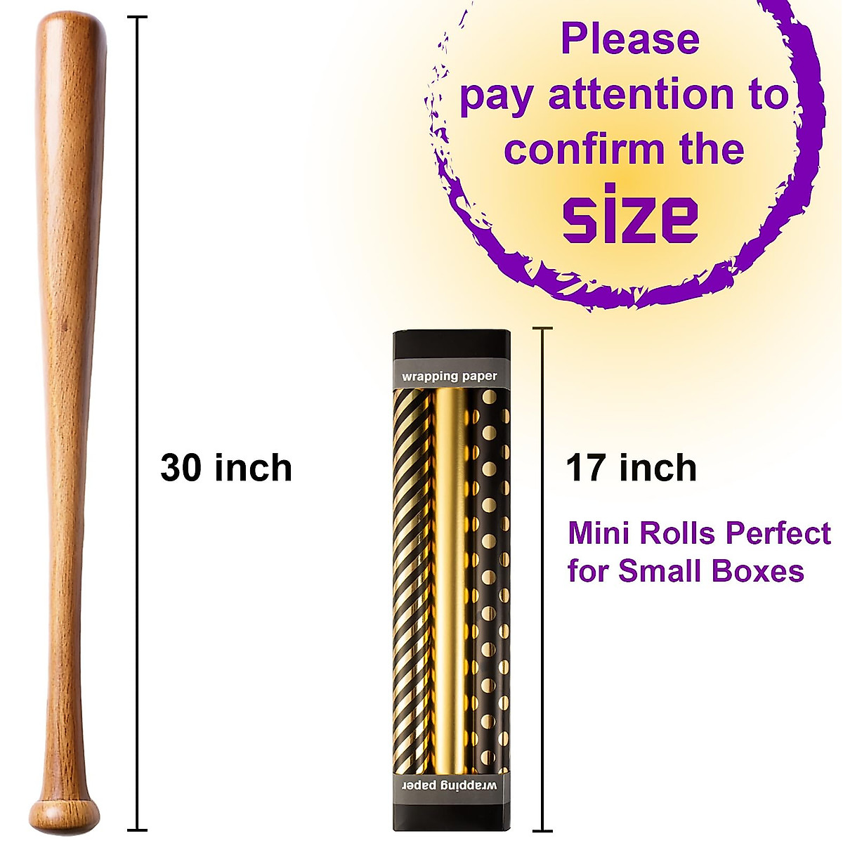 Retrify Wrapping Paper Roll - 3 Mini Rolls Black Gold Foil Polka Dots Stripes Gift Wrap Paper for Birthday, Christmas, Father's Day, All Occasions - 17 Inch x 120 Inch Per Roll