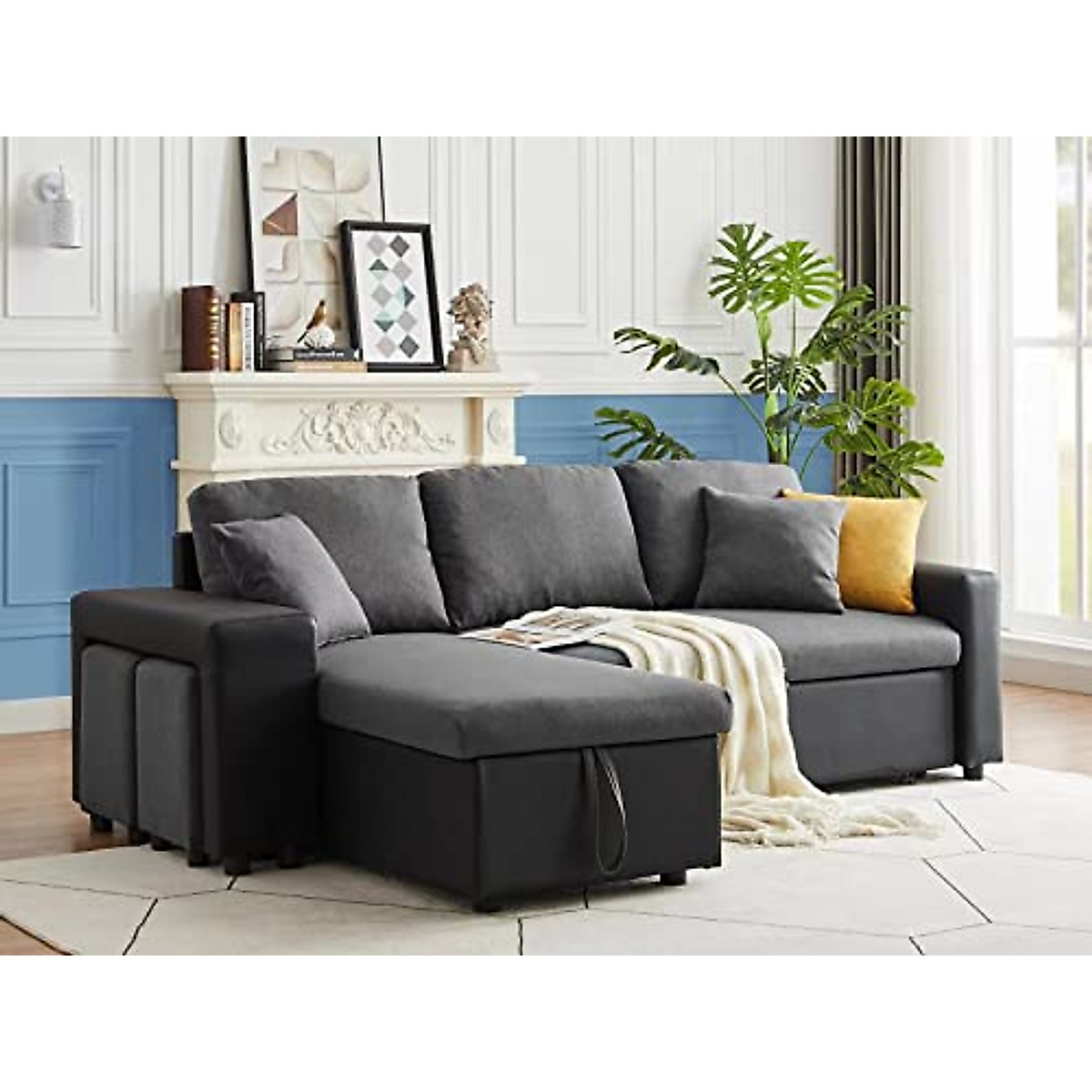 SITHAS Linen Reversible Sectional Couch Pull Out Sleeper Sofa and Chaise with Storage and 2 Steel Sstools