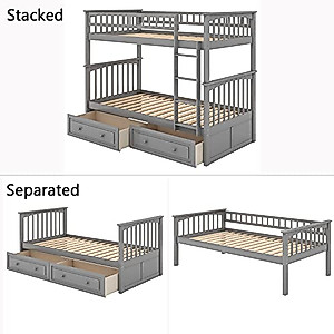 Harper & Bright Designs Bunk Beds Twin Over Twin with Storage, Twin Bunk Beds with 2 Drawers, Wooden Storage Bunk Bed with Safety Rail and Ladder,Can be Convertible to 2 Beds,Grey