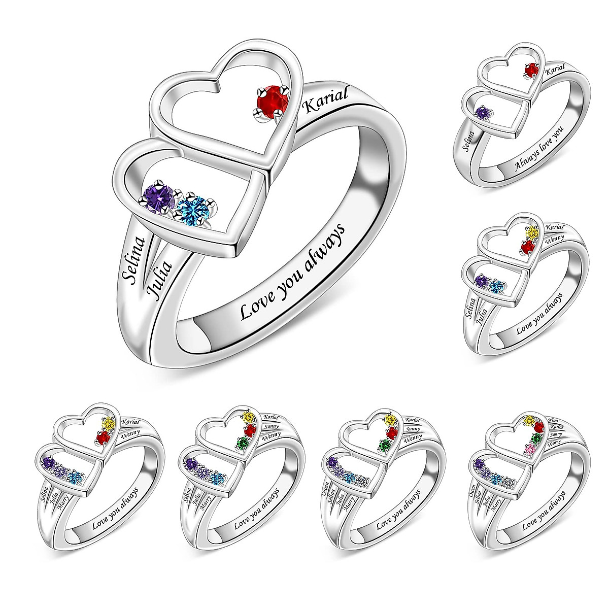YUYOO Personalized Mothers Rings with Simulated Birthstones Engraved 1-8 Family Names Mother's Day Rings Custom Love Heart Family Rings for Women (Silver)