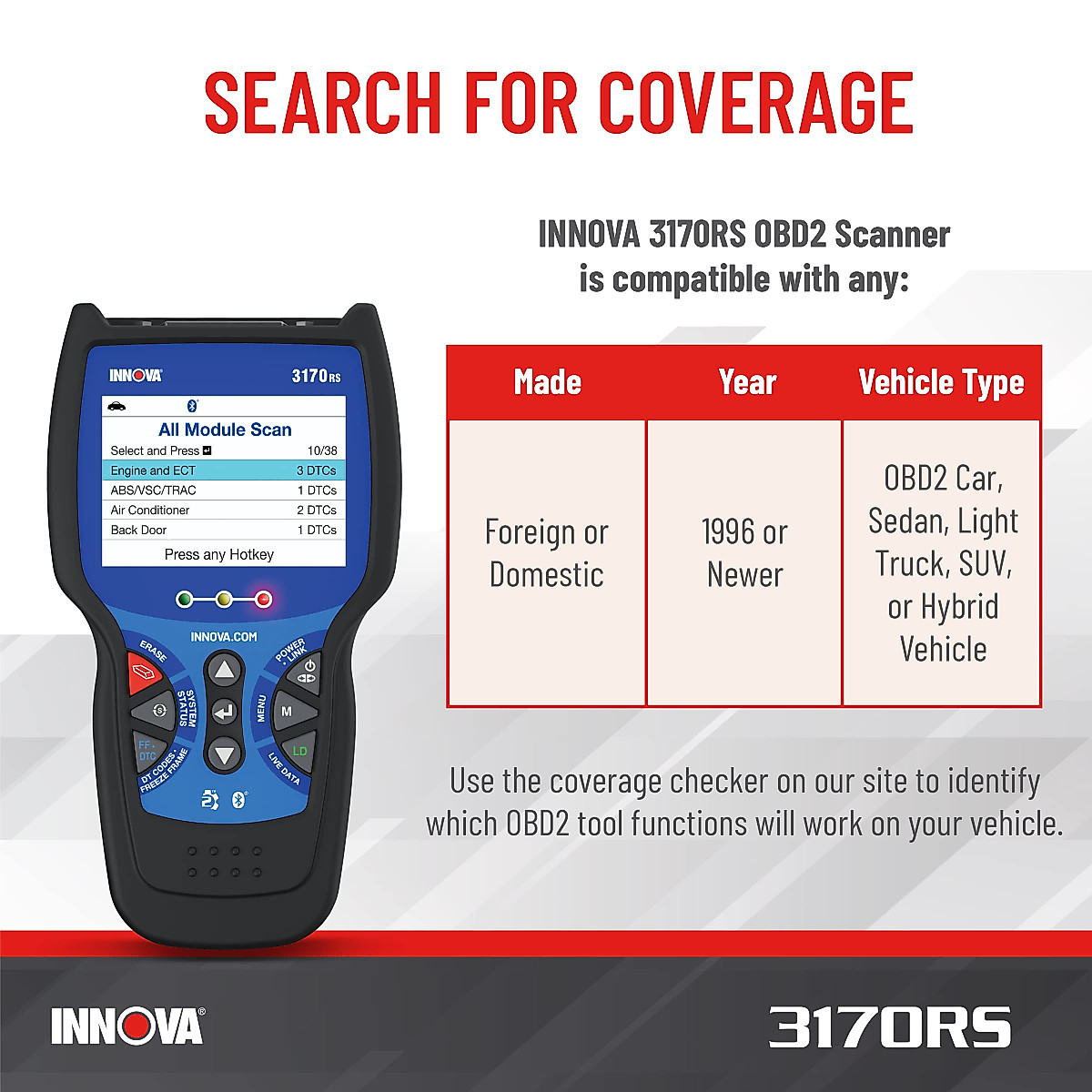 INNOVA 3170RS OBD1 & OBD2 Scanner, ABS Bleeder Scan Tool, OBD2 Diagnostic, Caliper Service, Brake Pad Life, Read/Erase ABS/SRS Codes, Reset Oil Light, Live Data, Free Updates