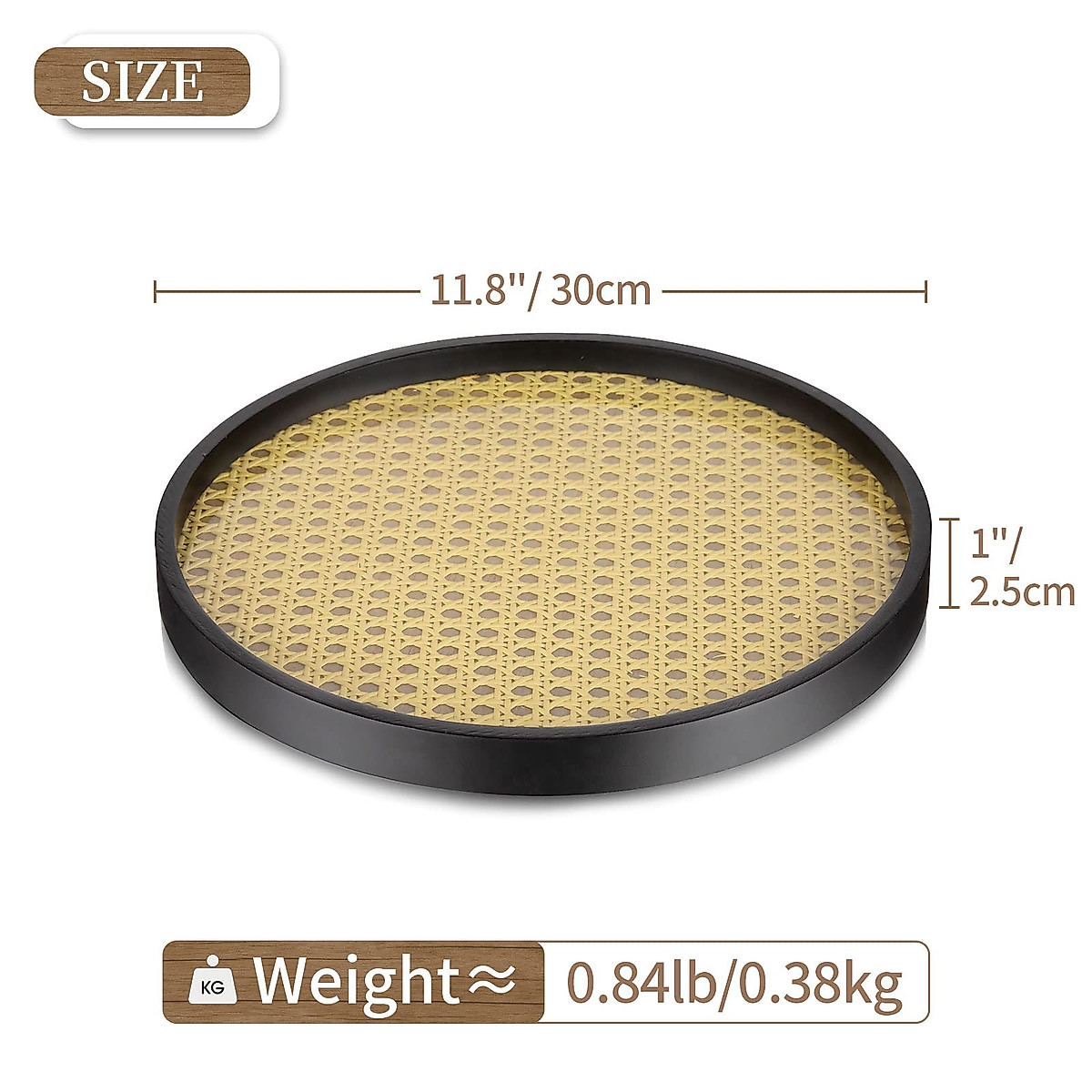 Hanobe Round Decorative Coffee Tray: Coffee Table Trays Decor Circle Rattan Tray with Black Wooden Frame for Storage & Display Serving Tray for Counter Living Room Dresser Makeups