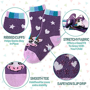 LINEMIN Kids Fuzzy Socks Boys Girls with Grips Non Slip Slipper Socks Cozy Fluffy Winter Warm Crew Socks 6 Pairs (Cute Animal, 4-7 Years)