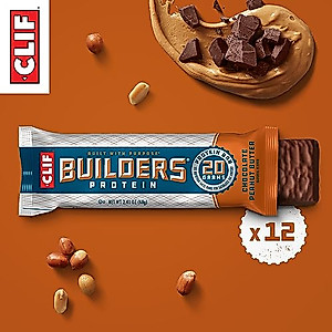 CLIF Builders - Chocolate Peanut Butter Flavor - Protein Bars - Gluten-Free - Non-GMO - Low Glycemic - 20g Protein - 2.4 oz. (12 Pack)